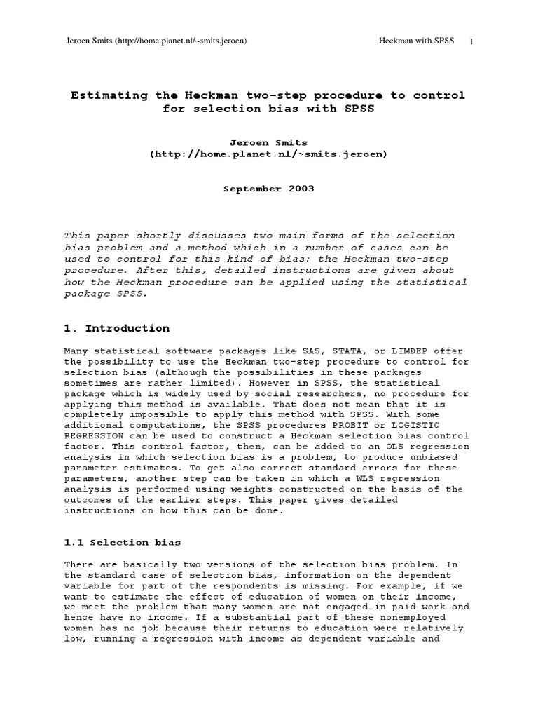Selection Bias (Heckman-SPSS) | PDF | Bias Of An Estimator | Errors And Residuals