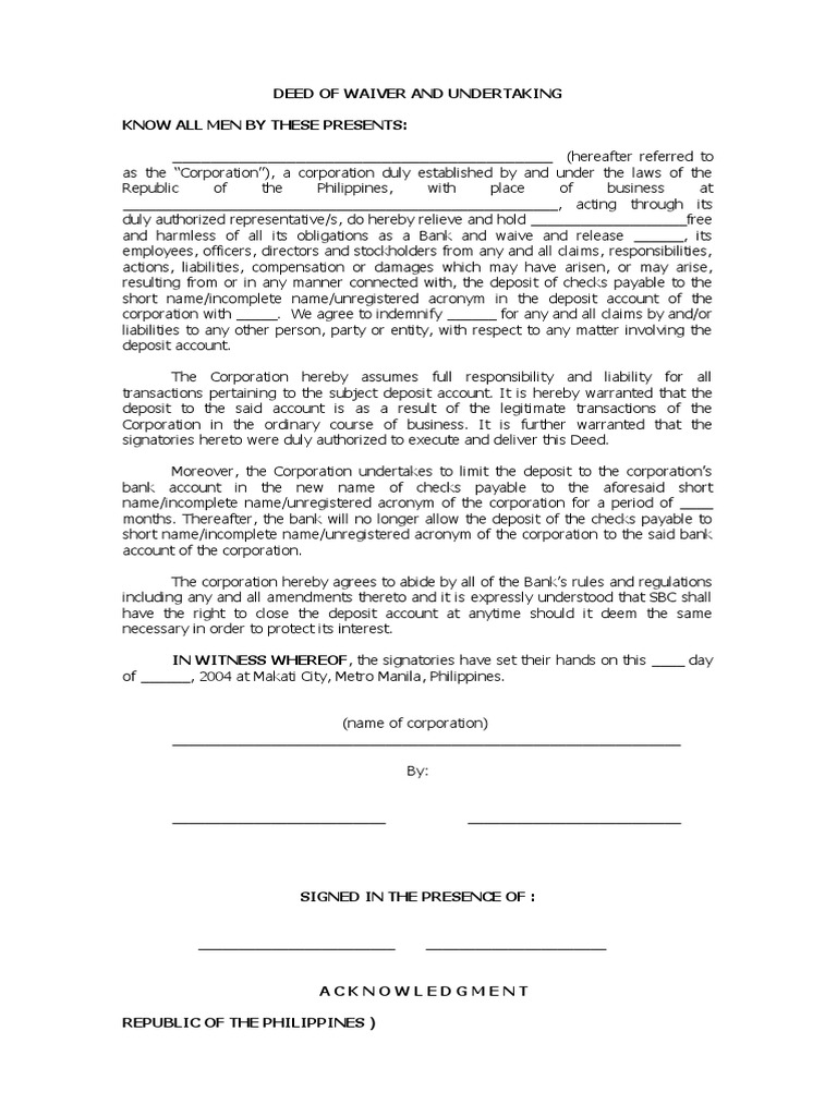 deed of undertaking | Corporations | Deposit Account
