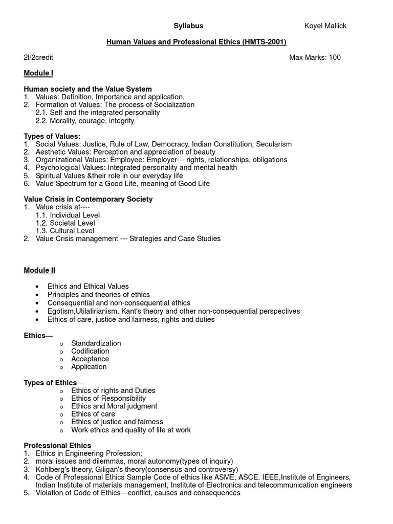 Final Syllabus Human Values Professional Ethics Hmts 200 Pdf