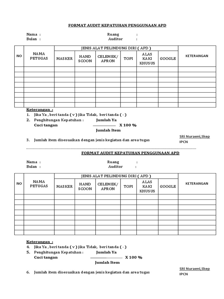 Format Audit Kepatuhan Penggunaan Apd | PDF