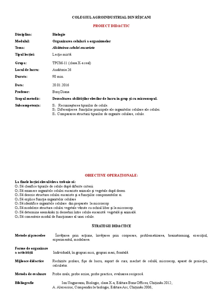 Proiect Didactic Biologie Celula Eucariotă | PDF