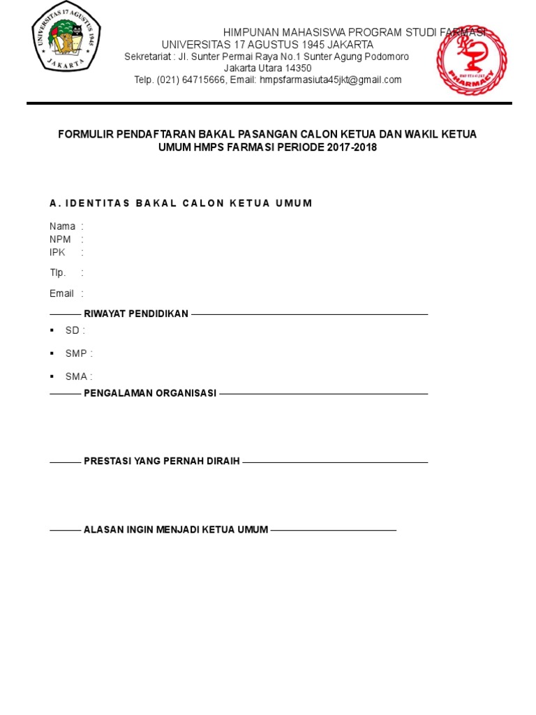 Formulir Pendaftaran Calon Ketua Dan Wakil Ketua Umum Hmps Farmasi Periode 2017-1 | PDF