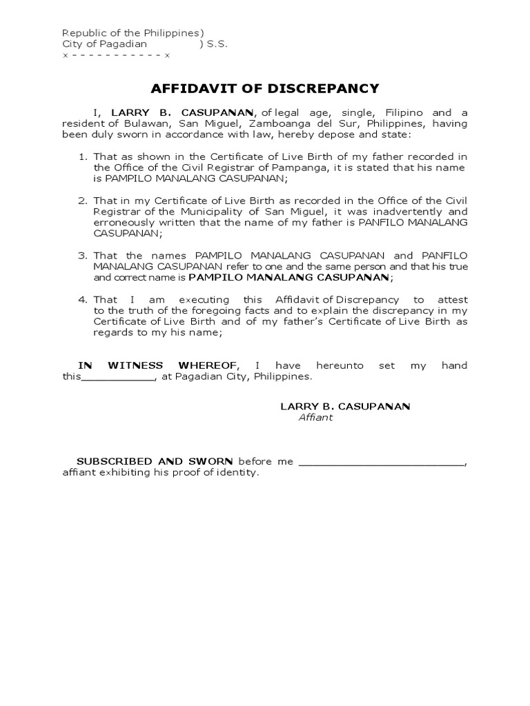 AFFIDAVIT OF DISCREPANCY - Name | PDF