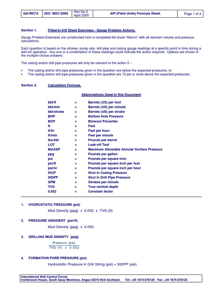 API Well Control Formula Sheet | PDF | Continuum Mechanics | Civil ...