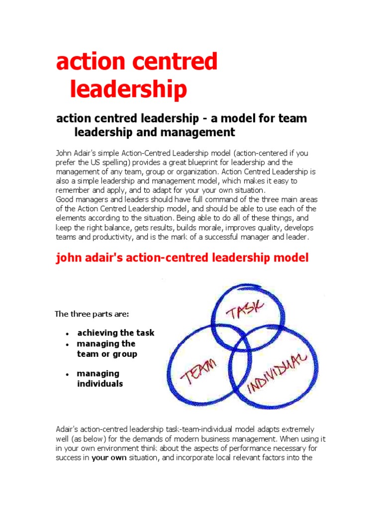 Adair's Action-Centred Leadership Model | PDF | Leadership | Motivation