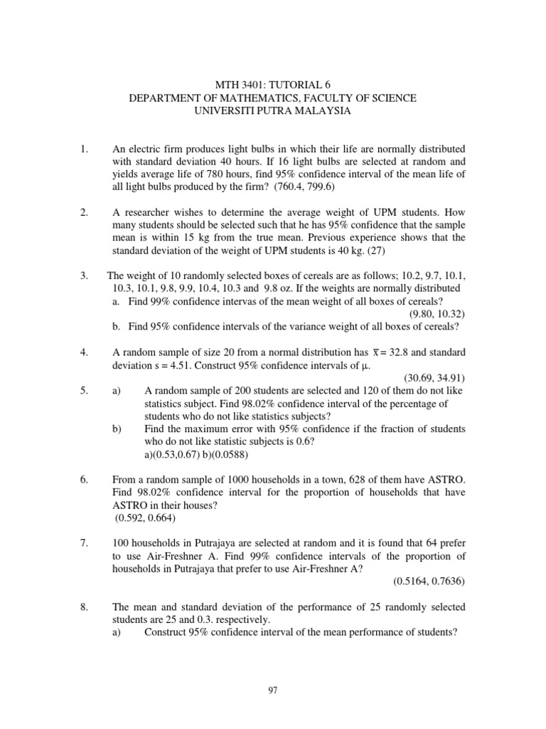 Tutorial 6 MTH 3401 | PDF | Confidence Interval | Normal Distribution