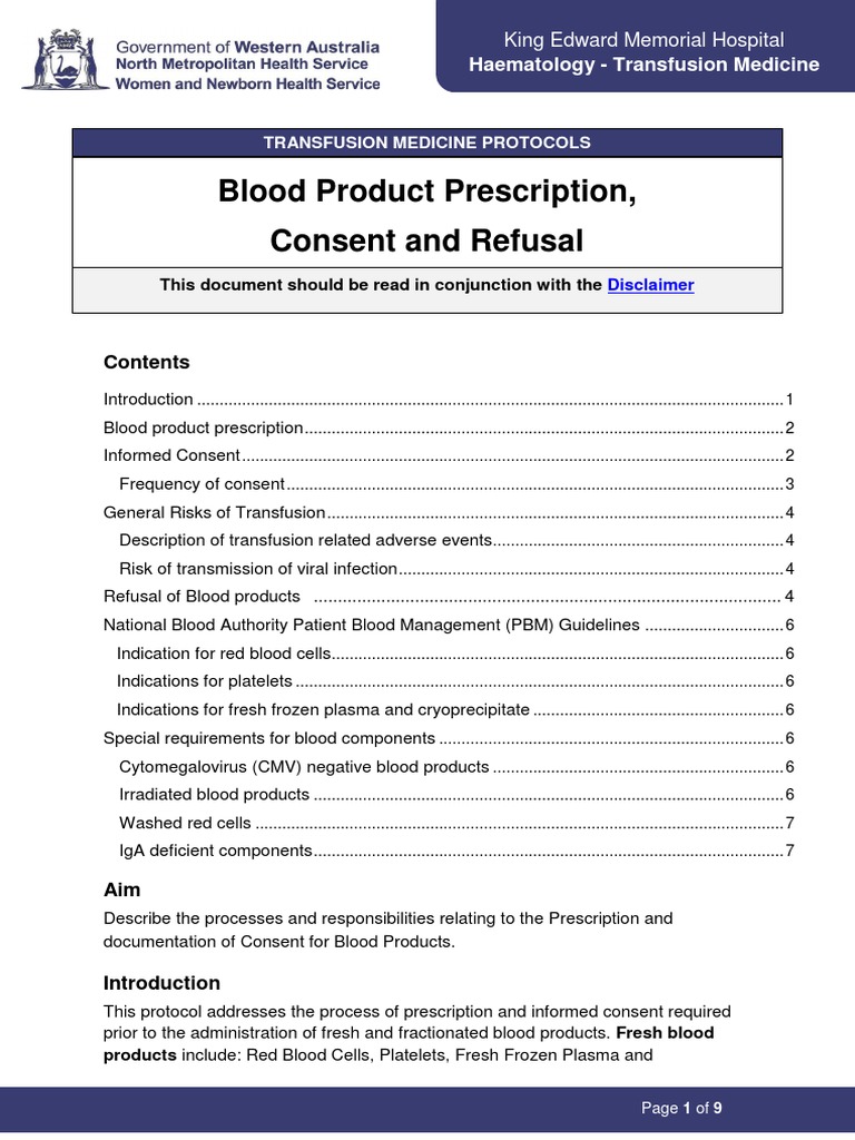 1.1 the Prescription of Blood Components | Blood Transfusion | Platelet
