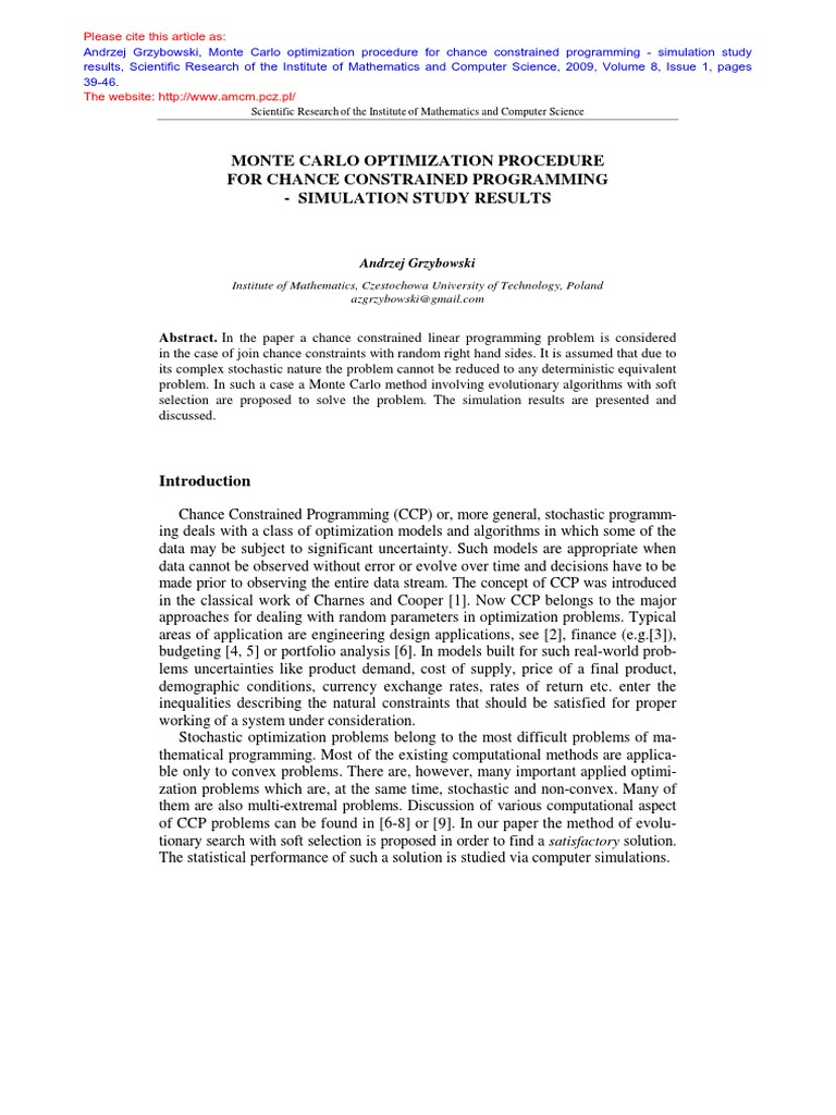 Monte Carlo Optimization Procedure For Chance Constrained Programming - Simulation Study Results ...