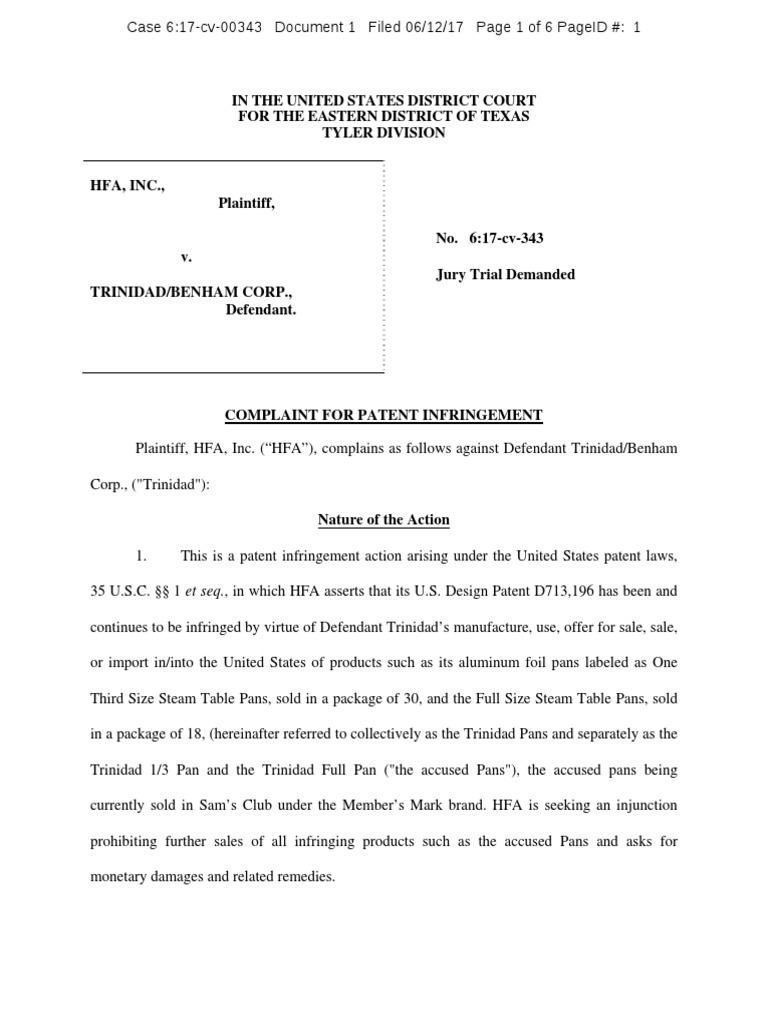 HFA v. Trinidad Benham - Complaint | PDF | Tort | Patent Infringement
