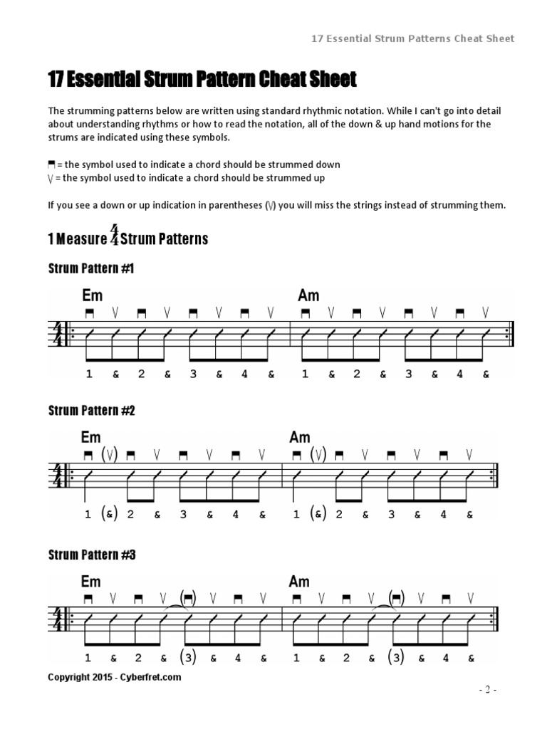 17 Essential Strum Patterns Cheat Sheet | PDF | Guitars | Musical Notation