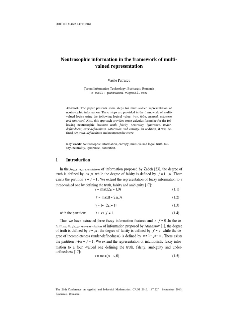 Neutrosophic Information in The Framework of Multivalued Representation | PDF | Fuzzy Logic | Logic