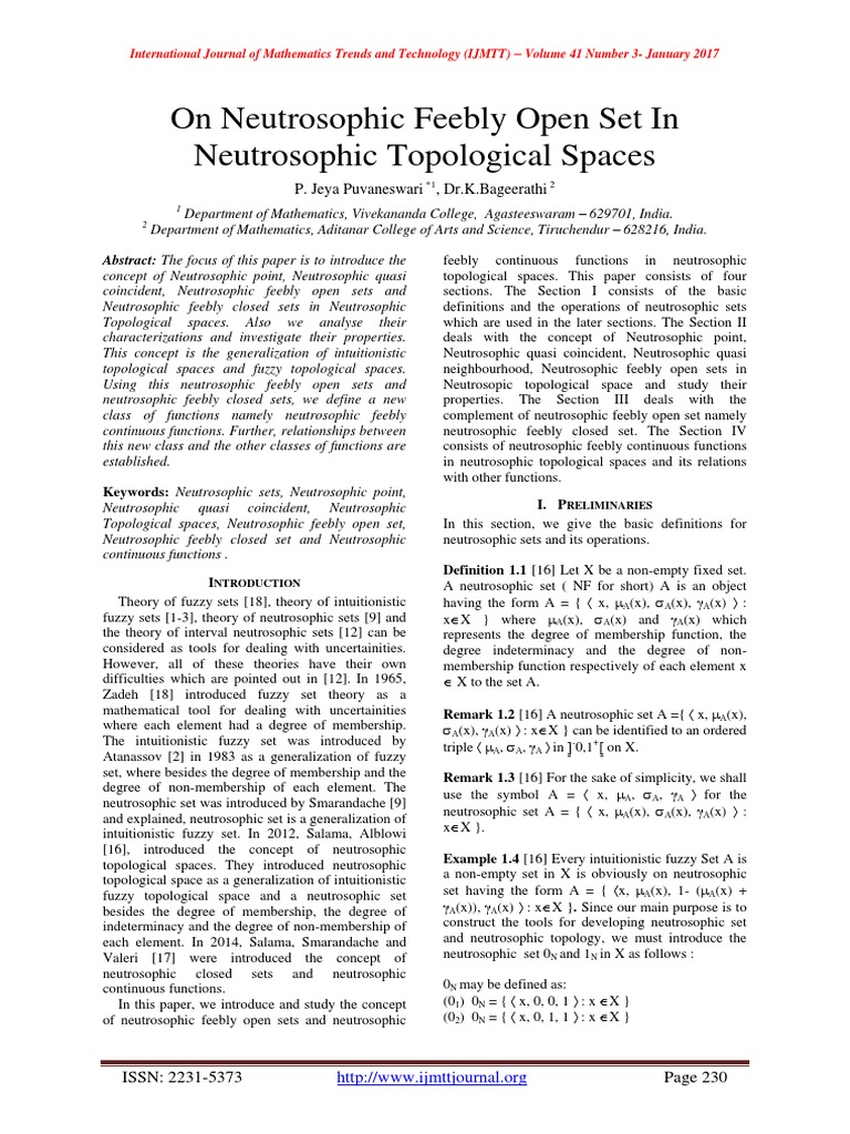 On Neutrosophic Feebly Open Set in Neutrosophic Topological Spaces | PDF | Continuous Function ...