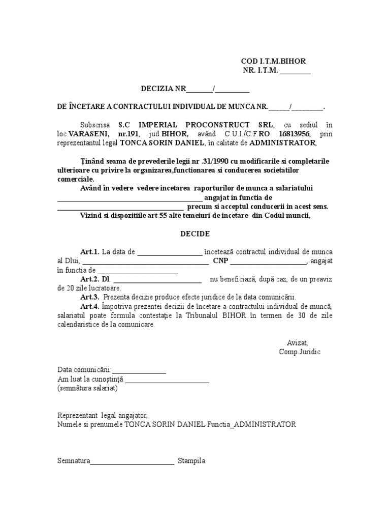 Decizie Incetare Contract de Munca | PDF