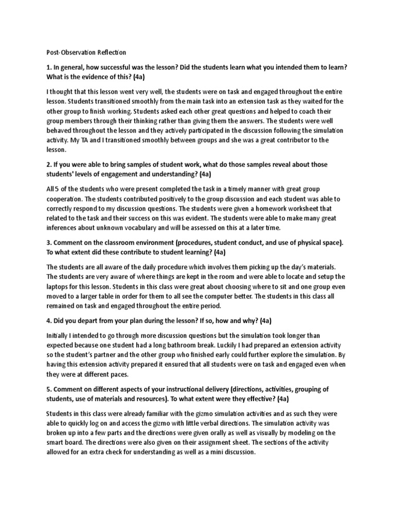 Post Observation Plan | PDF | Simulation | Classroom