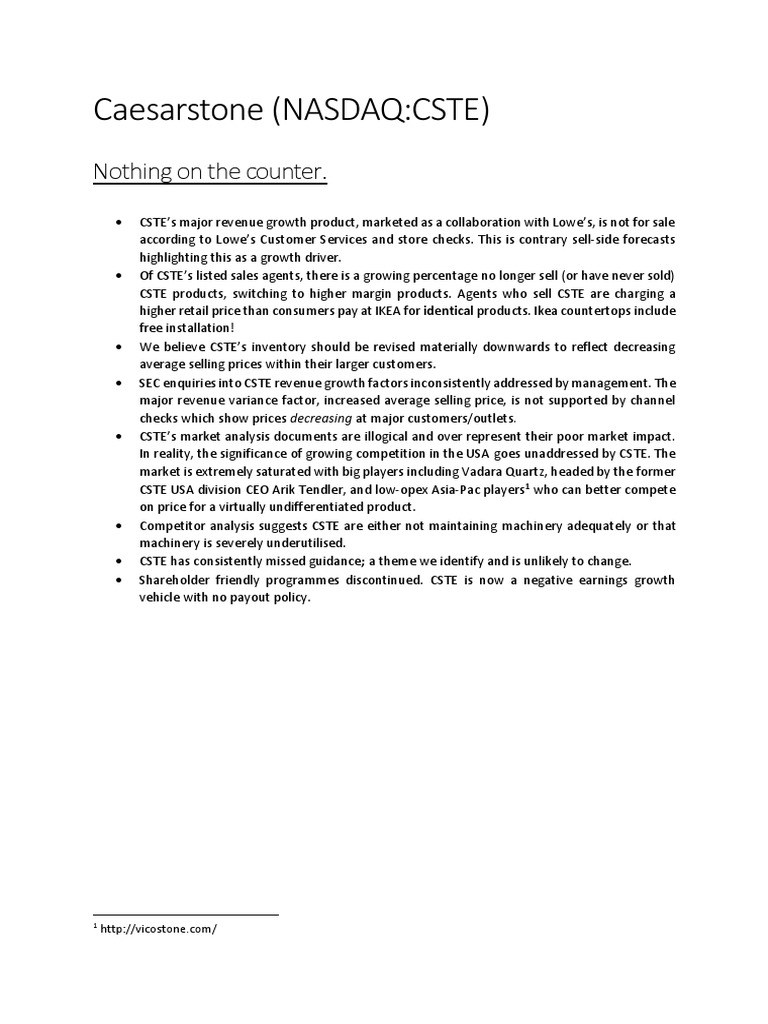 Caesarstone - Nasdaq: CSTE Report | PDF | Earnings Before Interest ...