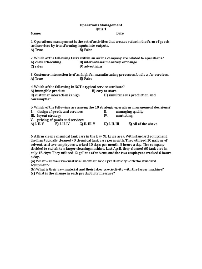 Operations Management Quiz | PDF | Operations Management | Sales