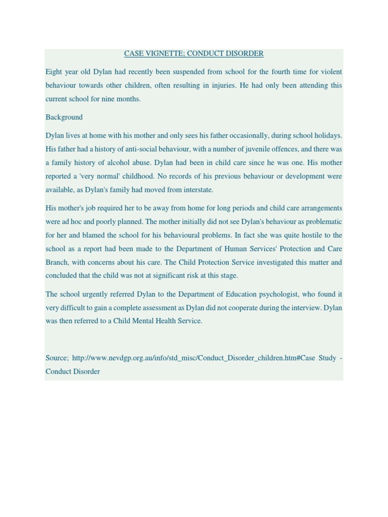 CASE VIGNETTE Conduct Disorder | PDF | Anti Social Behaviour | Mental Disorder