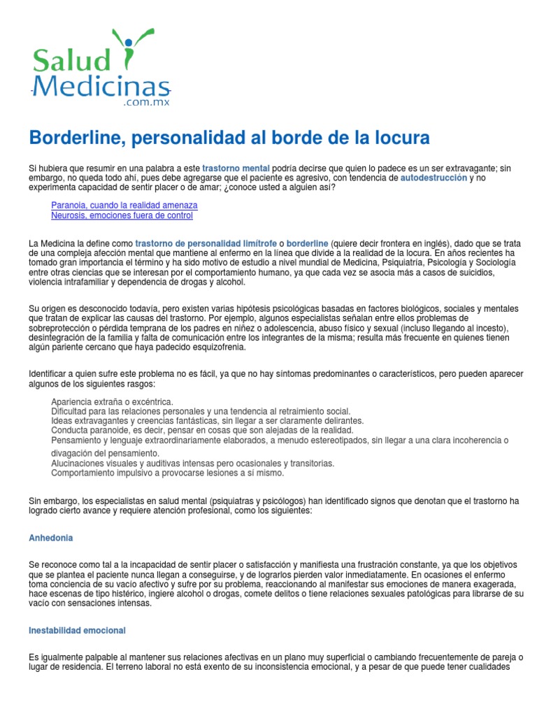 Borderline Personalidad Al Borde de La Locura | PDF | Trastorno límite de la personalidad ...