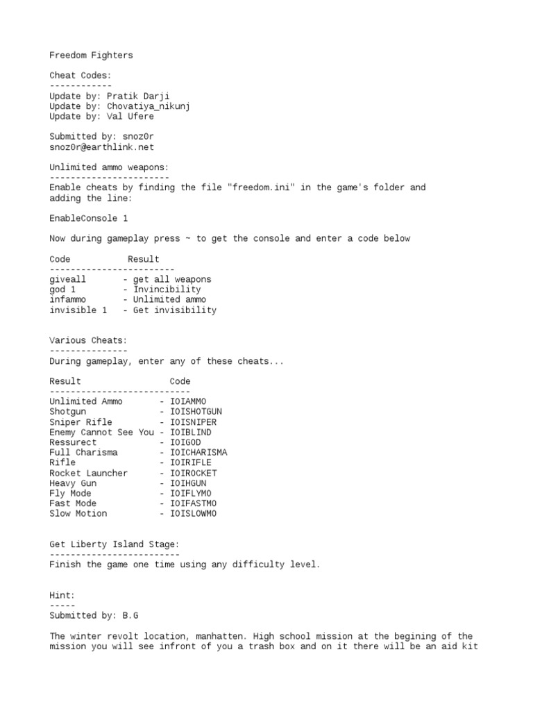 Freedom Fighter Cheat Codes | Cheating In Video Games | Ammunition