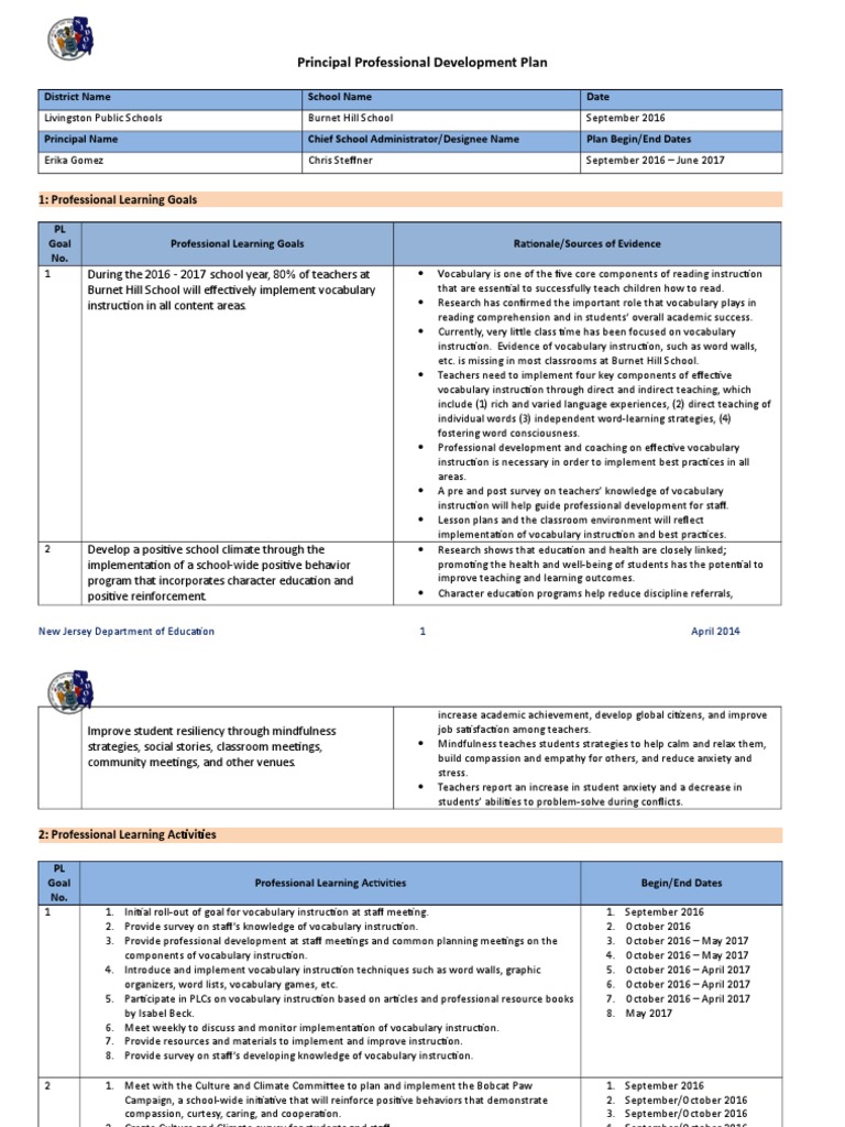 Principal Development Plan 2016-2017 | PDF | Vocabulary | Teachers