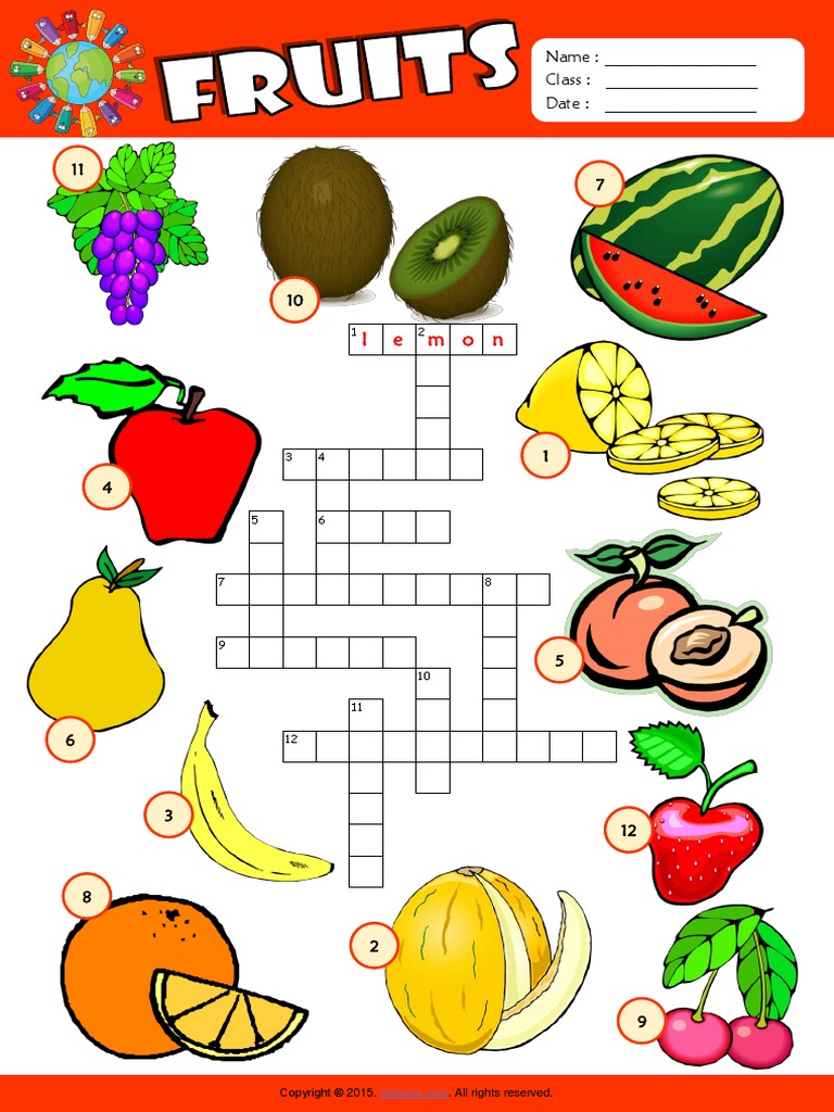 Fruits Esl Vocabulary Crossword Puzzle Worksheet For Kids | PDF