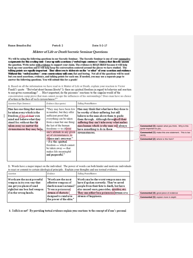Matter of Life or Death Socratic Seminar Questions: of His of Thei ...