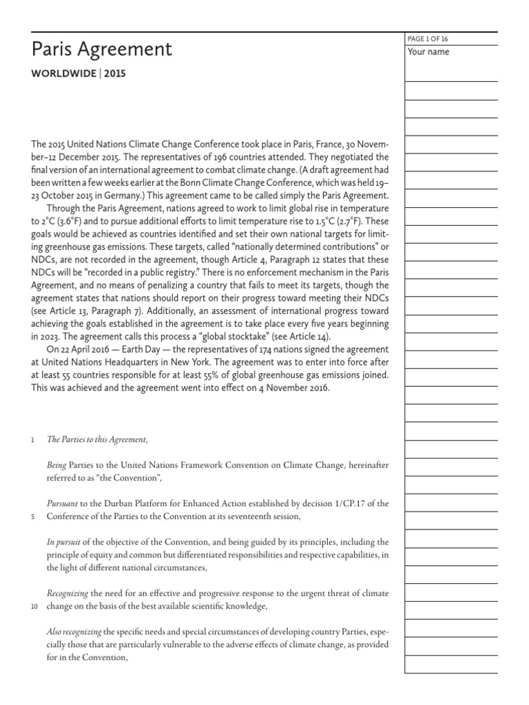 Paris Agreement (Worldwide, 2015) | PDF | Climate Change Mitigation ...