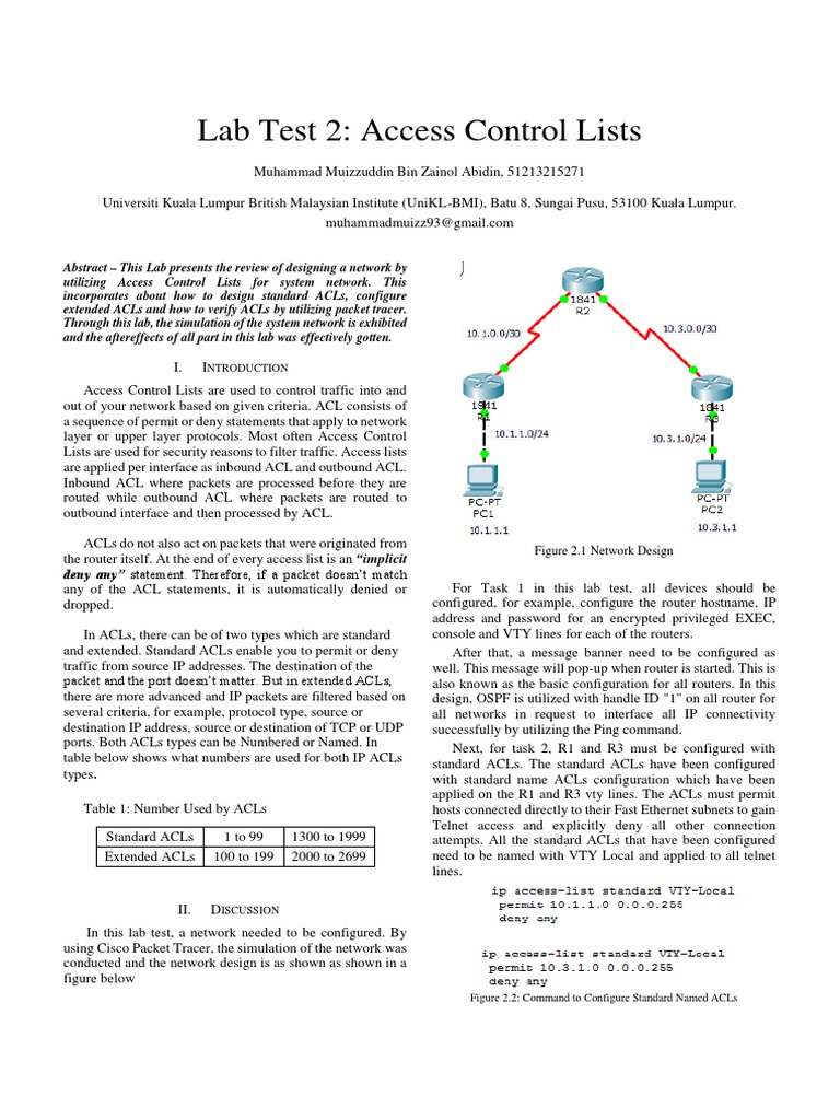 Lab Test 2 Access Control Lists S | PDF | Ip Address | Computer Network