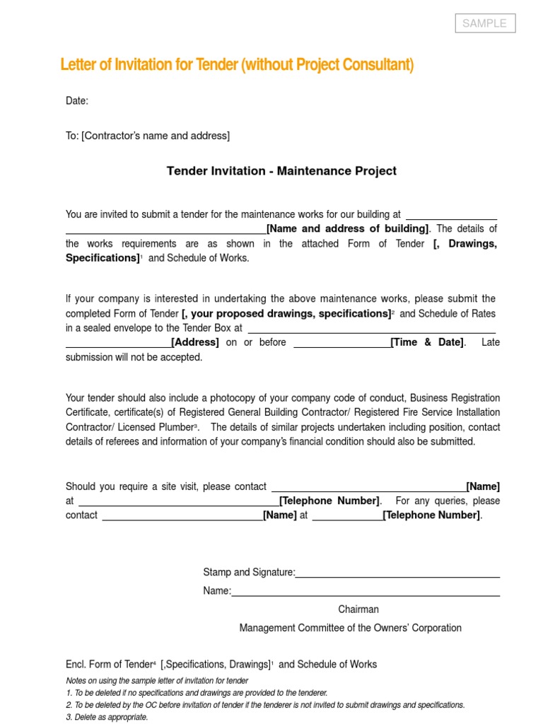Letter of Invitation To Tender Without Project Consultant | PDF ...