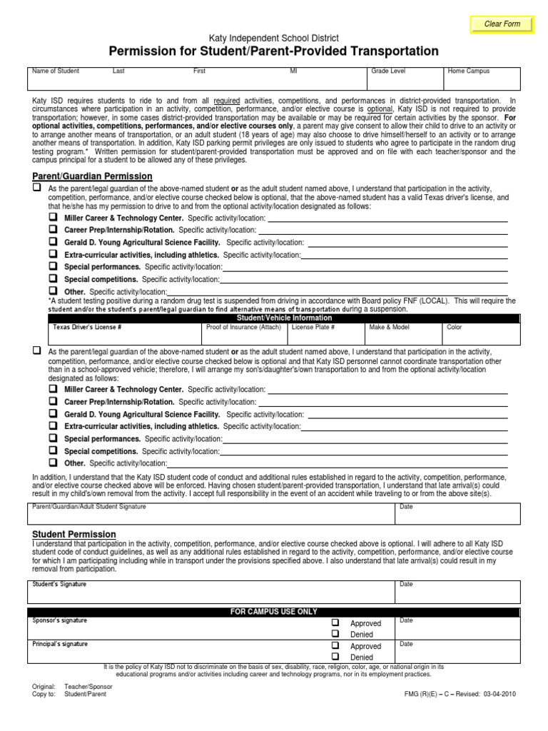 Permission For Student or Parent Provided Transportation 100110 | PDF | Students | Driver's License