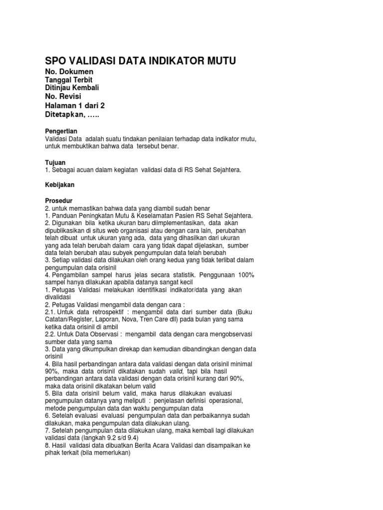 Spo Validasi Data Indikator Mutu | PDF