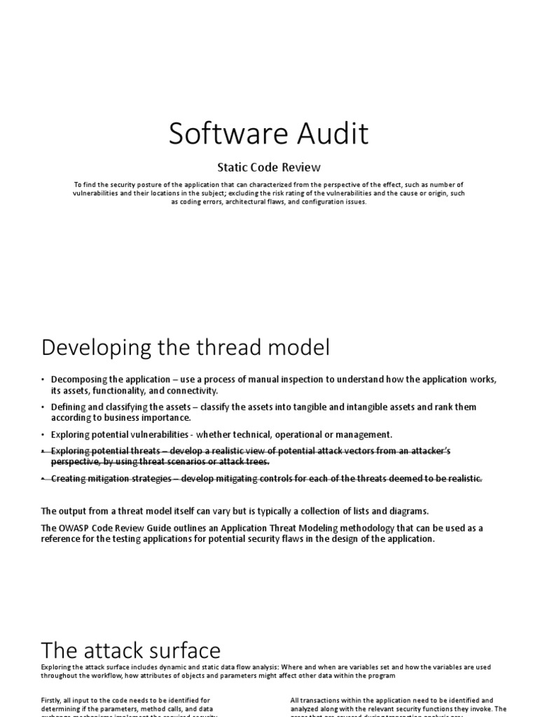 Software Audit Static Code Review | PDF | Threat (Computer) | Vulnerability (Computing)