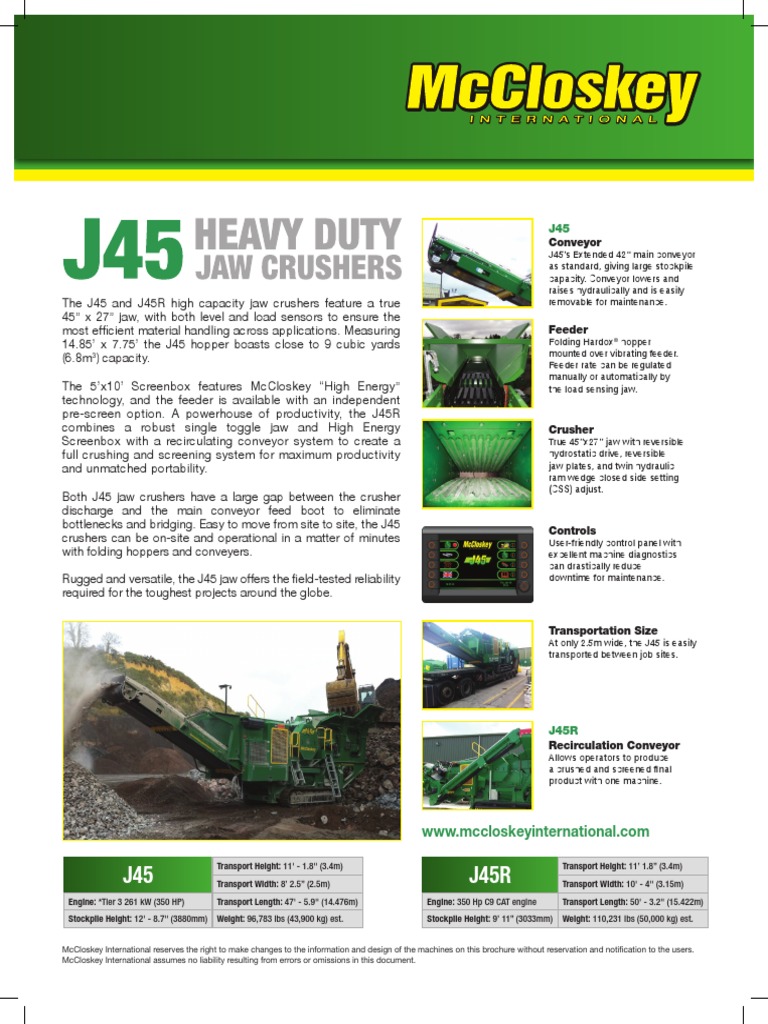 McCloskey J45 SpecSheet | PDF | Equipment | Mechanical Engineering