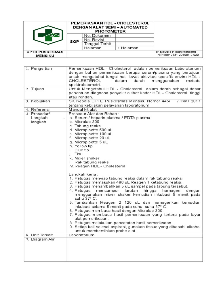 Sop Pemeriksaan HDL - C Dirrect Semi-Automated Fotometer | PDF