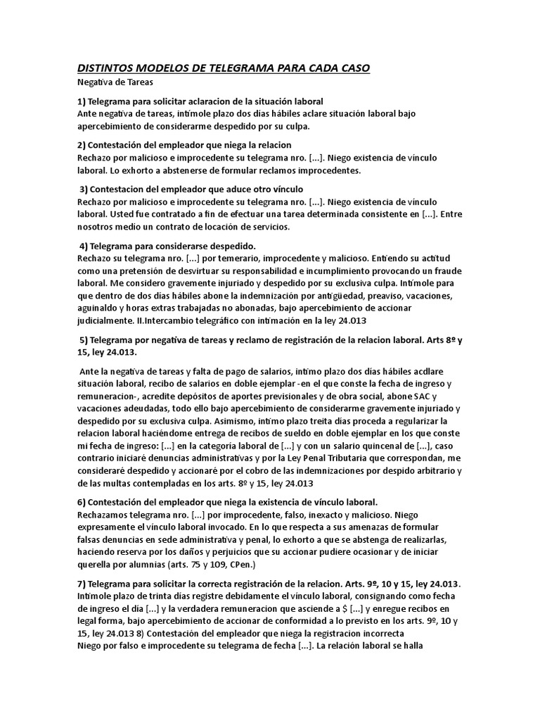 Distintos Modelos de Telegrama Para Cada Caso | Derecho laboral | Salario
