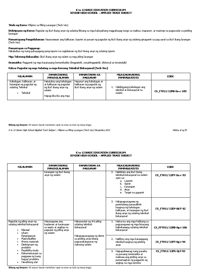 SHS Applied - Filipino (Tech-Voc) CG PDF | PDF