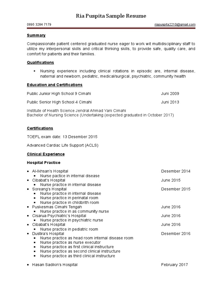 Ria Puspita Sample Resume | PDF | Nursing | Hospital