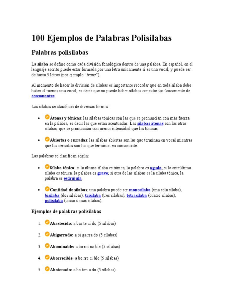 100 Ejemplos de Palabras Polisílabas | PDF | Vocal | Palabra