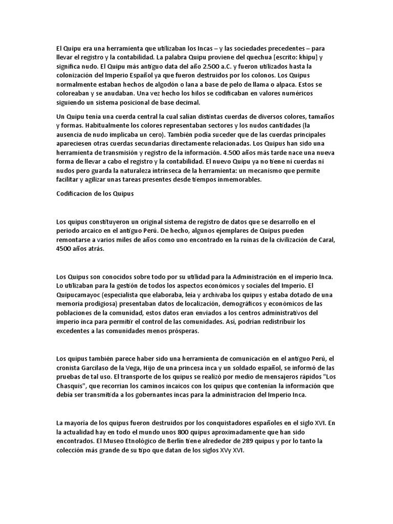 El origen y uso de los Quipus, un sistema de registro numérico de los ...