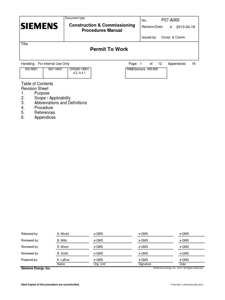 Permit To Work: Construction & Commissioning Procedures Manual | PDF ...