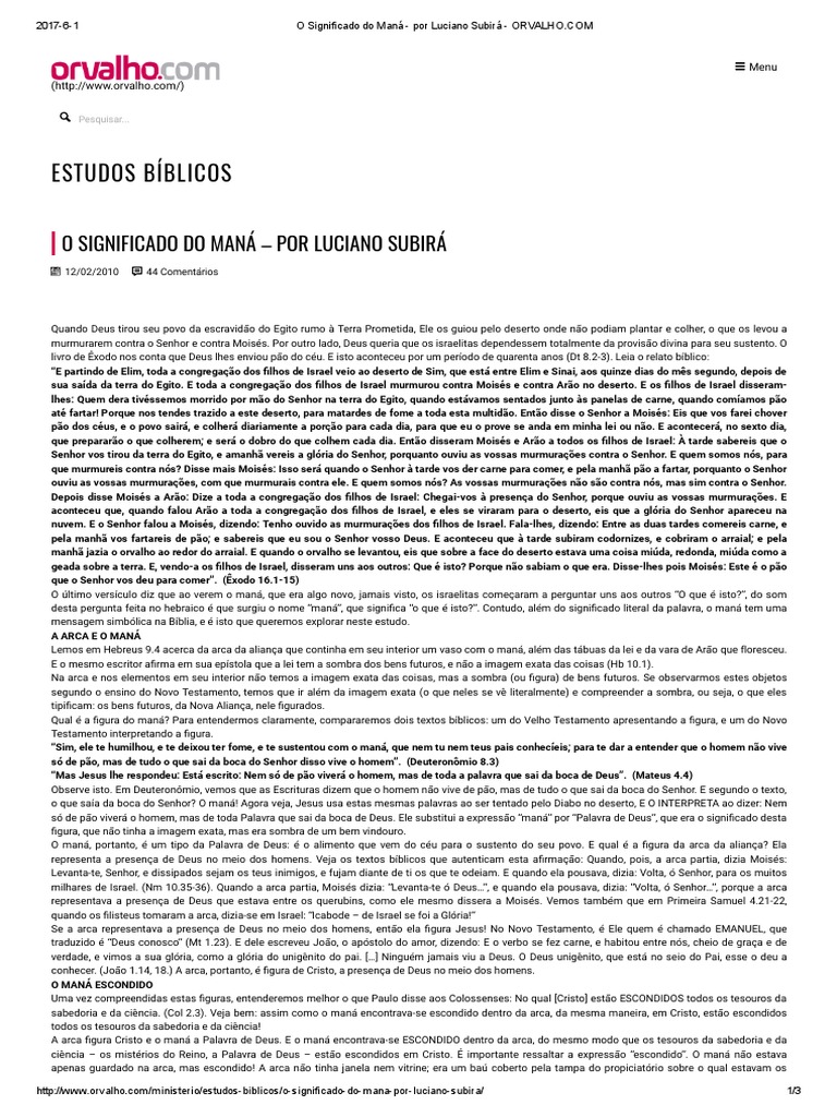 O Significado Do Maná - Por Luciano Subirá - OrVALHO | PDF | Santo | Moisés