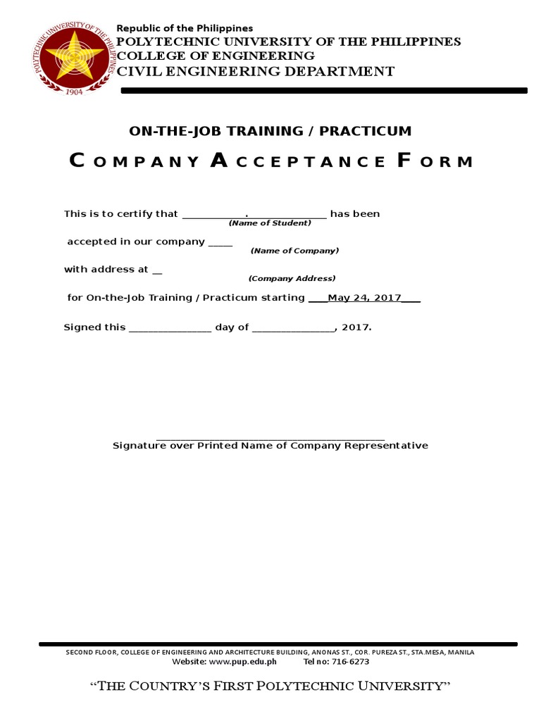 Certificate of Acceptance for On-the-Job Training at [Company Name ...