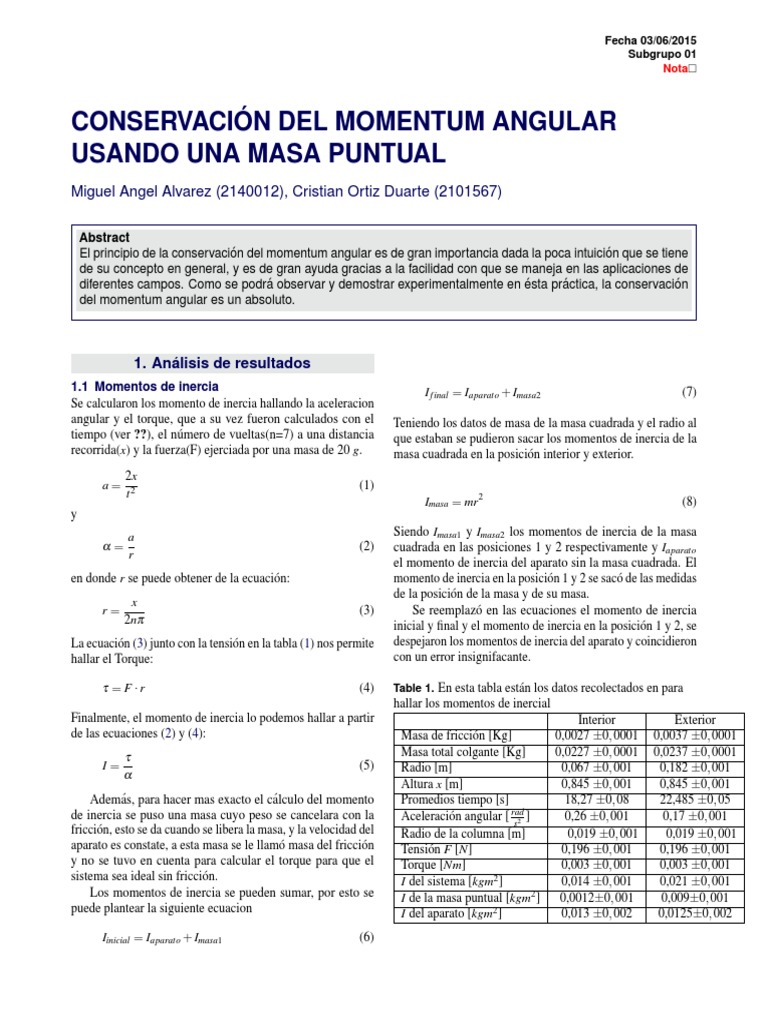 Informe Practica 9 | PDF | Momento angular | Masa