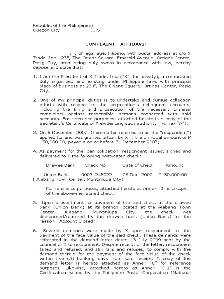 BP 22 Complaint-Affidavit | PDF | Cheque | Common Law
