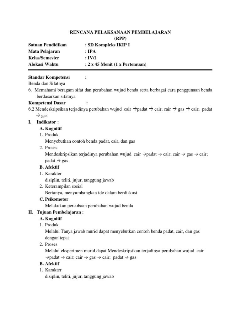 RPP Perubahan Wujud Benda | PDF
