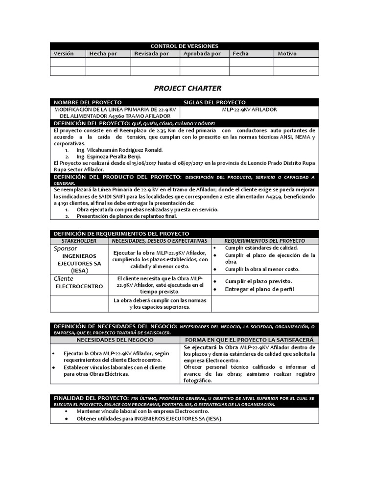 2.project Charter | PDF | Calidad (comercial) | Planificación