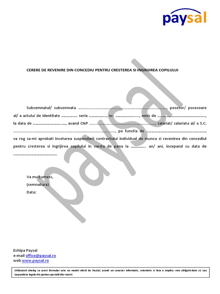 Model Cerere de Revenire Din Concediu Pentru Cresterea Si Ingrijirea Copilului | PDF