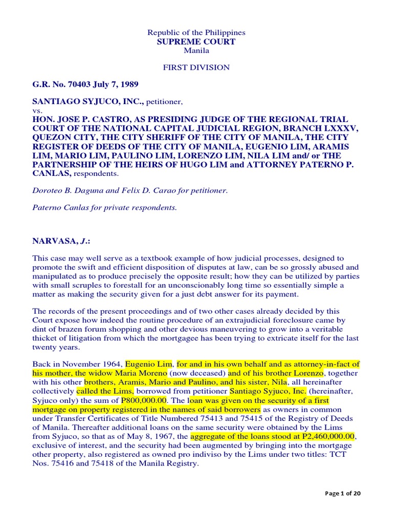 Syjuco V Castro - GR 70403 - Jul 7 1989 | PDF | Estoppel | Lawsuit