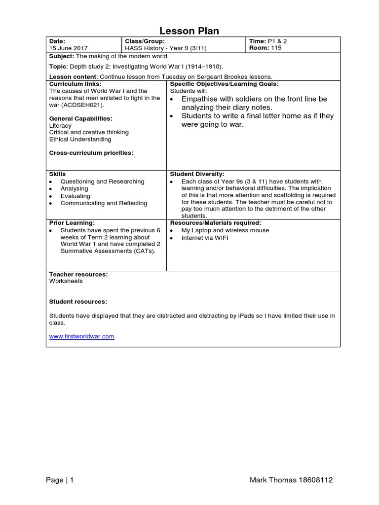 Year 9 World War I Lesson Plan | PDF | Lesson Plan | Pedagogy