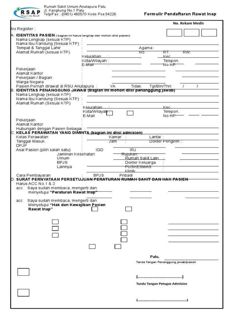 Formulir Pendaftaran Rawat Inap | PDF